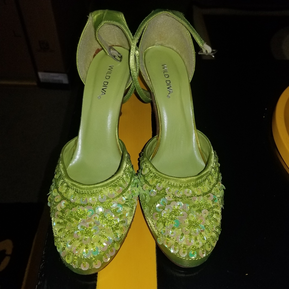 Vintage, Lime Green Satin & Sequence Heels. (7) - Gem